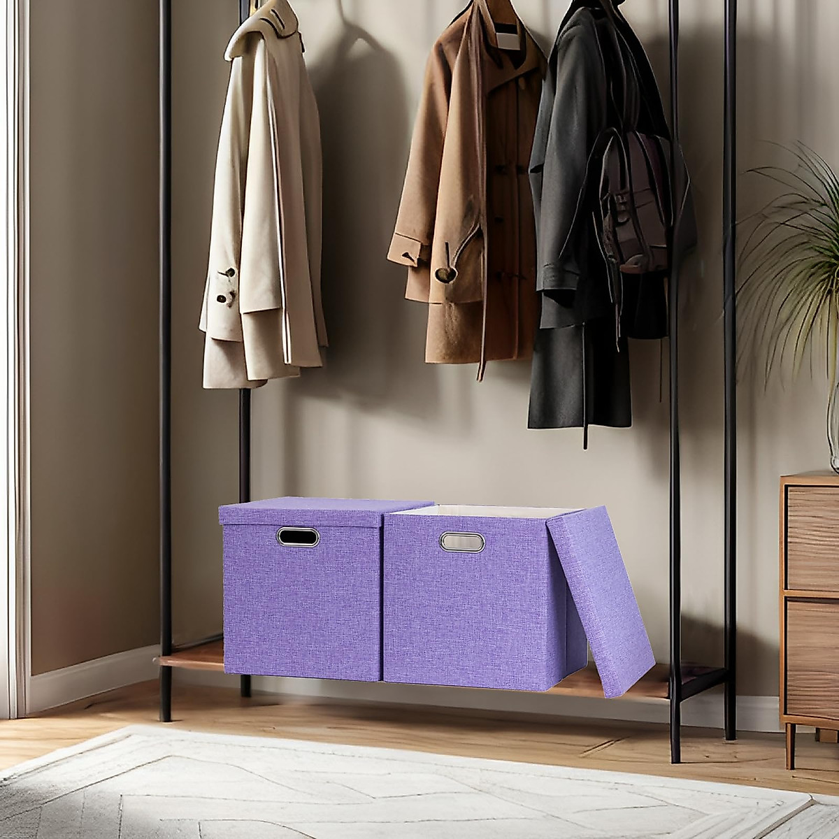 ORGMASTER Stackable Fabric Storage Bins with Lids, 13 x 13 Storage Cubes, Collapsible Bins Cube Storage Organizer Boxes Containers Baskets for Home, Office, Closet, Shelves, 4-Pack, Purple