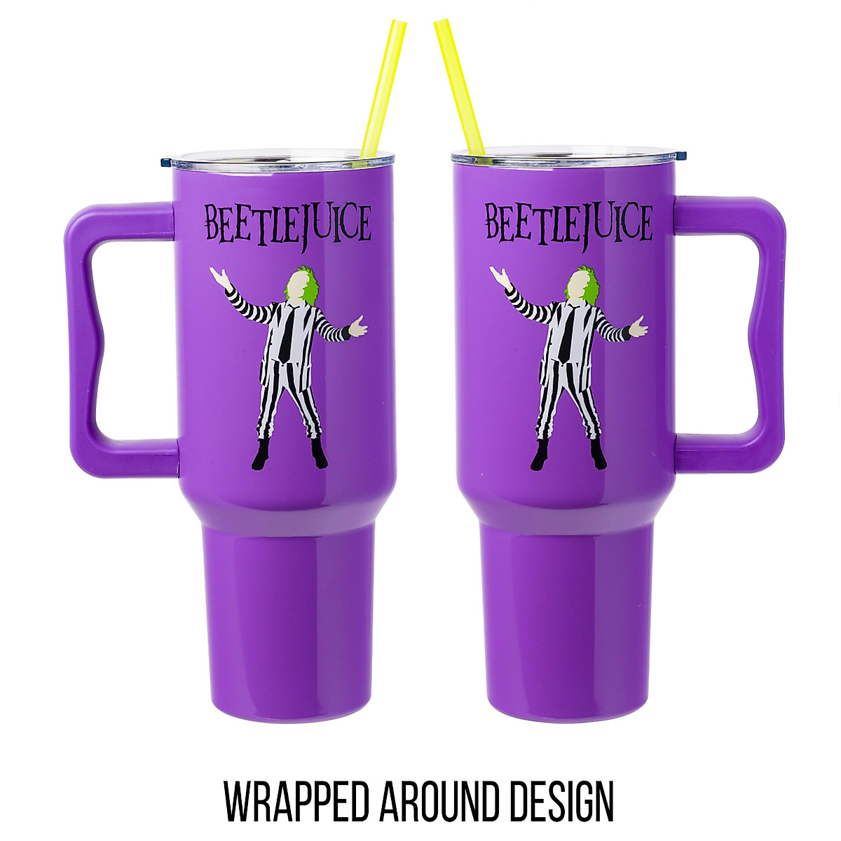 Silver Buffalo Tim Burton Beetlejuice Stainless Steel Tumbler with Handle and Straw, Fits in Standard Cup Holder, 40 Ounces