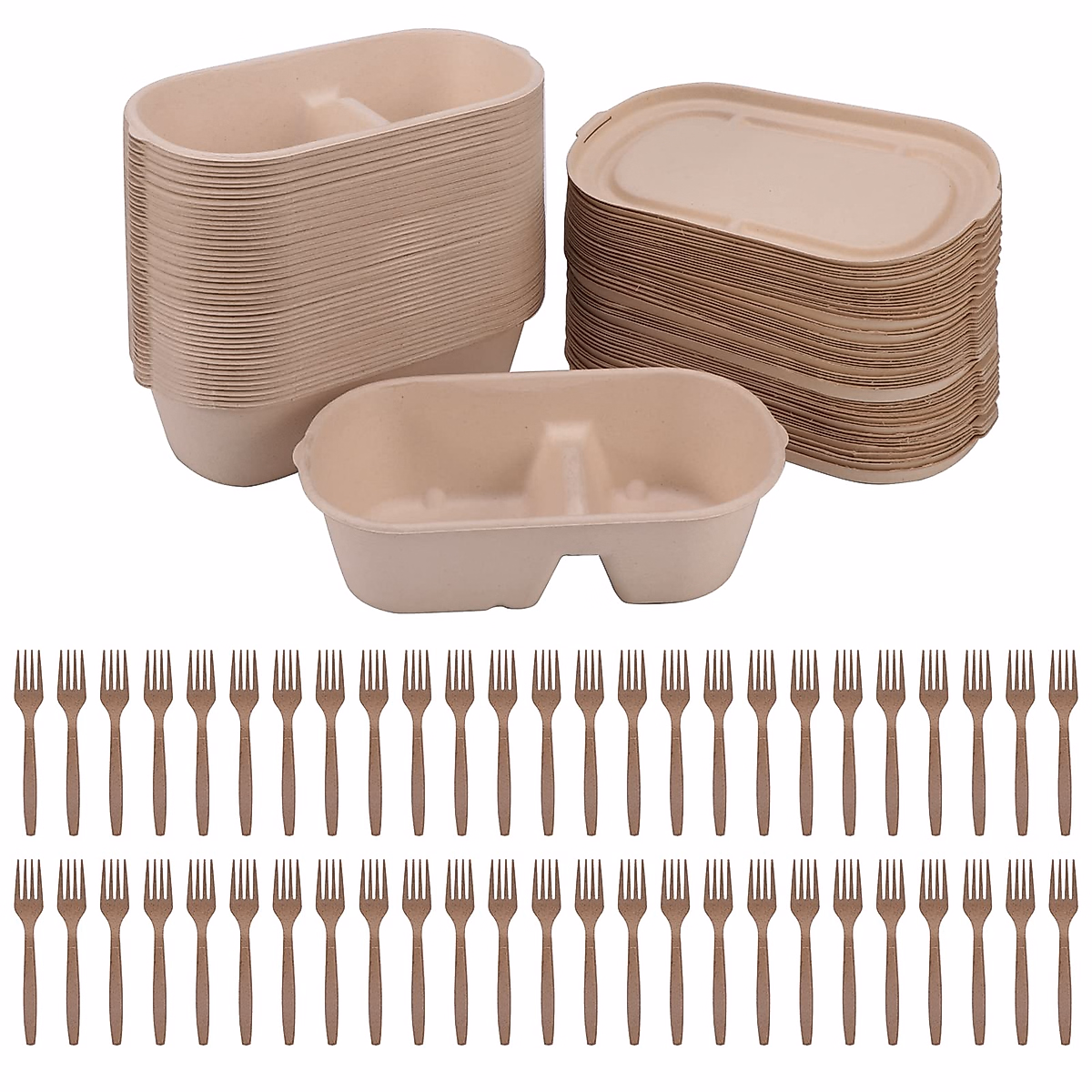 50Pcs Disposable Bowls with Lids and Forks,2 Compartment Paper Pulp Compostable Food Storage Container,Biodegradable Disposable Bowls Leakproof and Microwave Safe,for Hot/Cold Use