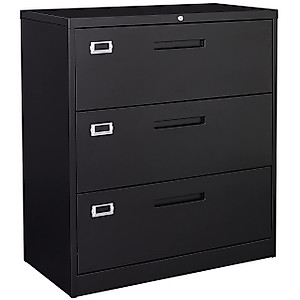BYNSOE File Cabinet with Lock 3 Drawer Lateral File Cabinets for Legal/Letter A4 Size Metal Filing Cabinet for Office Home Requires Assembly(3 Drawers, Black)
