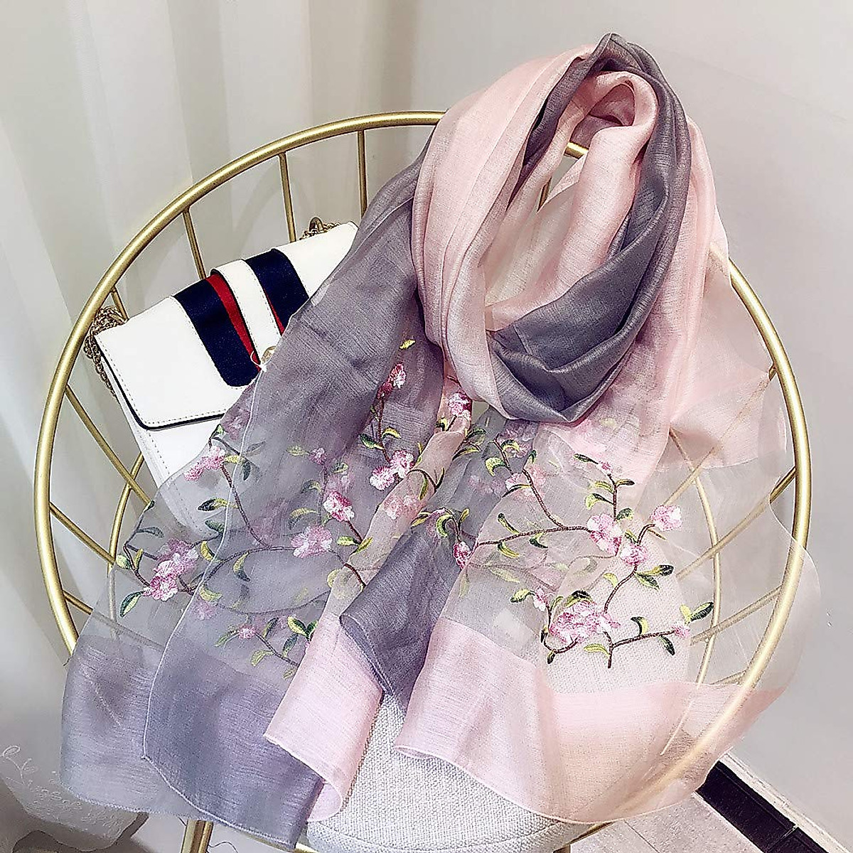 GOFINEE Women Silk&Wool Gradient Embroidered Scarf Headwrap Shawl Pink