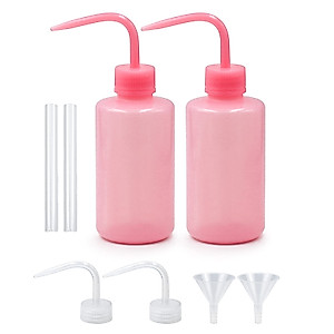 Heylcm 2Pcs 250ml Plastic Wash Bottle with Cap, 8.5oz Pink Narrow Mouth Tattoo Wash Bottle No Spill Safety Squeeze Squirt Bottle with Straw Funnel for Lab Gardening Tattoo Supplies(250ml, Pink)