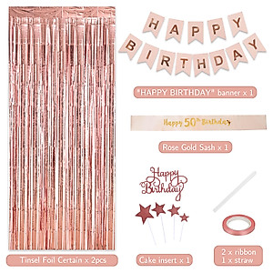 RUBFAC 50th Birthday Decorations for Women, Rose Gold 50 Birthday Party Decoration for Her, Happy 50th Birthday Banner,Fringe Curtain, Sash, Cake Topper And Number Balloon