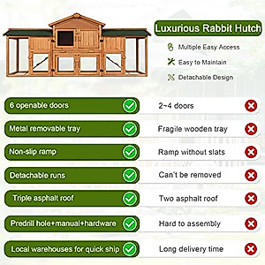 Rabbit Hutch Outdoor 74" Extra Large Bunny Cage with 2 Runs House Small Animal Habitats for Guinea Pigs Hamster Removable Tray Two Tier Waterproof Roof Pet Supplies Cottage Poultry Pen Enclosure