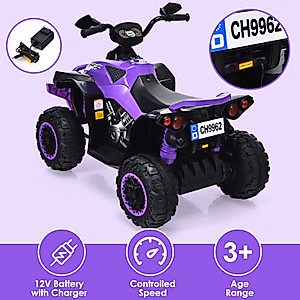 OLAKIDS Ride On ATV, 12V Kids 4 Wheeler Battery Powered Toy Car for Toddlers, Electric Rear Motorized Quad Vehicle for Boys Girls with LED Lights, Music, Horn, High Low Speed, Soft Start (Purple)