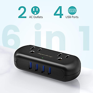 SUPERDANNY Mini Surge Protector with 2 Wide-Spaced Outlets & 4 USB Ports, Compact Size, Multi-Plug Outlet Extender for Travel, Home, Office, Black