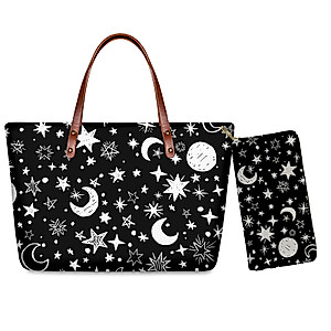 HUIACONG Constellation Moon Space Handbag and Wallet Set,Large Top Handle Shoulder Bag Travel Beach and Long Leather Wallet with Card Holder Zipper Planet Stars