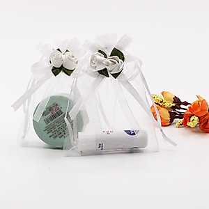 SumDirect Rose Organza Gift Bags - 50Pcs 4x5 inch White Wedding Favor Gift Bags, Jewelry Pouches with Drawstring for Party Wedding Christmas Valentine