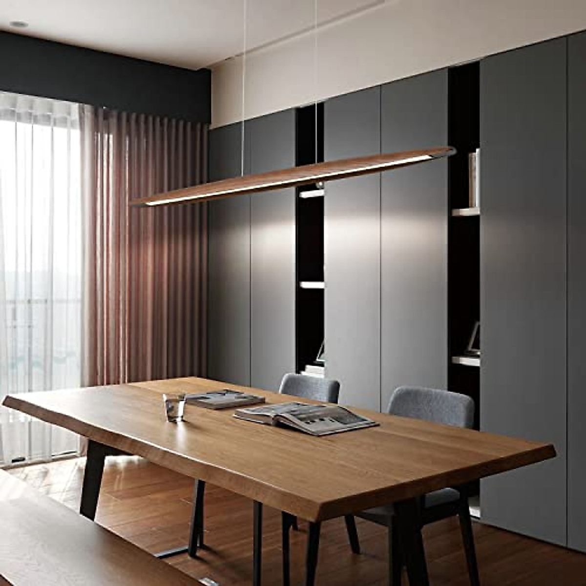 YISDESIGN Wood Linear Pendant Hanging Light Fixture Minimalist Light Linear Chandelier Wood Kitchen Island Lighting 40w Dimmable for Dining Room Dining Table Living Room Pool Table Walnut Color