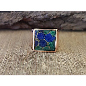 Azurite Malachite Ring, Signet Bohemian Ring, Rings for Men Women, Boho Ring, 925 Solid Sterling Silver Ring, Azurite Gemstone Ring, Statement Ring, Gift for Partner (925 Solid Silver, 11.50)