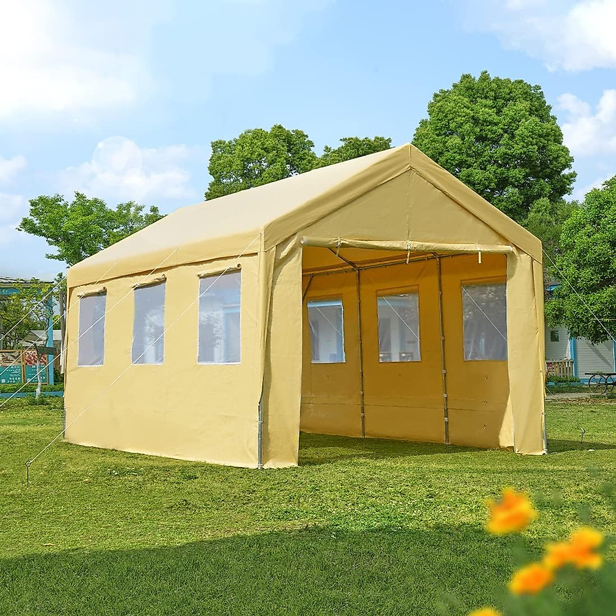 ADVANCE OUTDOOR 10x20 ft Heavy Duty Adjustable Carport with 6 Roll-up Ventilated Windows & Removable Sidewalls Car Canopy Garage Boat Shelter Party Tent, Peak Height from 9.5ft to 11ft, Beige Yellow