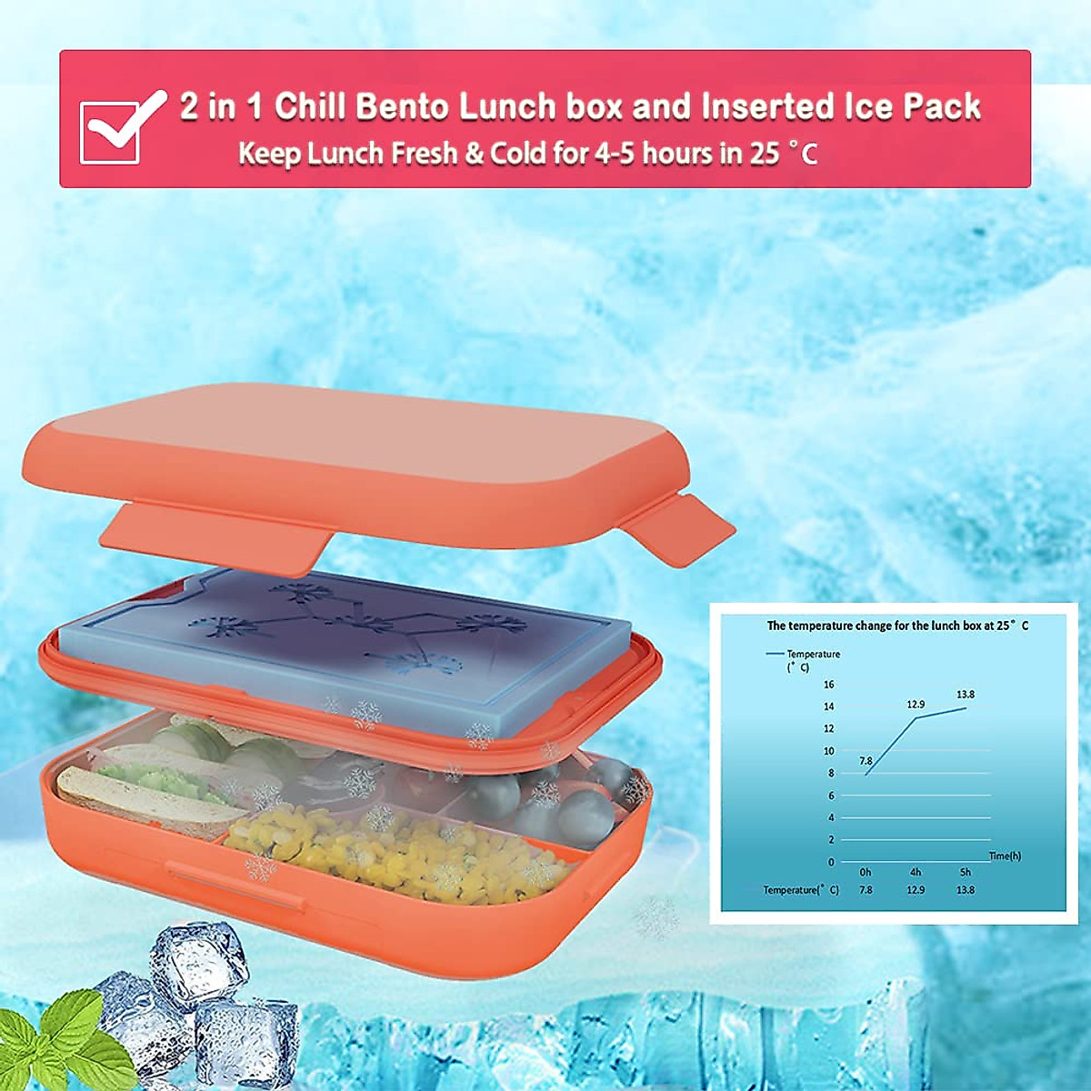 Ponydash Lunch Box Kids with Ice Pack - Keeping Cool for 4-5 Hours, Bento Lunch Box, 5 Parts Lunch Containers with Insulated Lunchbag