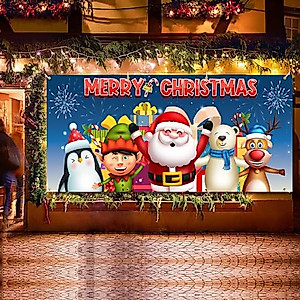 Christmas Garage Door Banner 16 x 7 ft, Merry Christmas Holiday Garage Door Decorations Cover Santa's Reindeer Garage Door Murals Large Backdrop Background for Photo Christmas Party Outdoor Banner