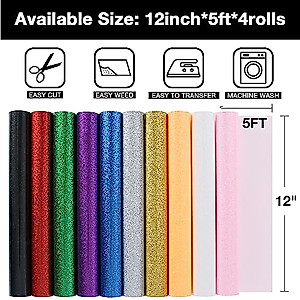 TORC Glitter HTV Heat Transfer Vinyl Bundle Rolls, Set of 10 Iron on Vinyl for T Shirts Crafts (12 inch x 5 ft per Roll)