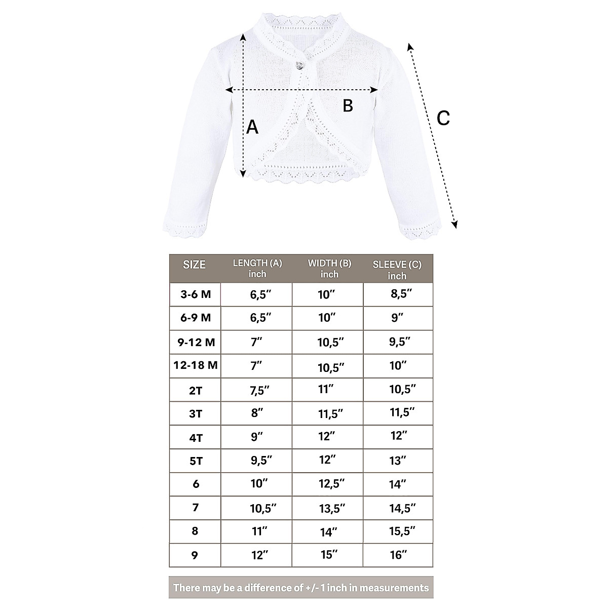 Lilax Baby Girls' Knit Long Sleeve Button Closure Bolero Cardigan Shrug 12-18 Months White