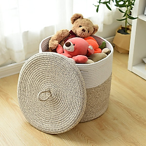 Tegance Blanket Basket with Lid, 16"D x 14"H Large Woven Rope Basket Laundry Basket Baby Toy Storage Basket Hamper Decorative Nursery Bin for Living Room Bedroom with Handles (Brown&White)