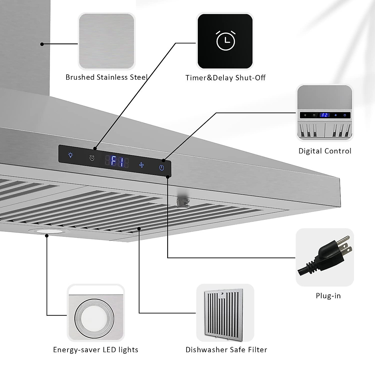 Range hood 30 Inch, Convertible Kitchen Wall Mount Range Hood in Stainless Steel with 500CFM, LED Lights, Stainless Steel Filters,Touch Control and Carbon Filters