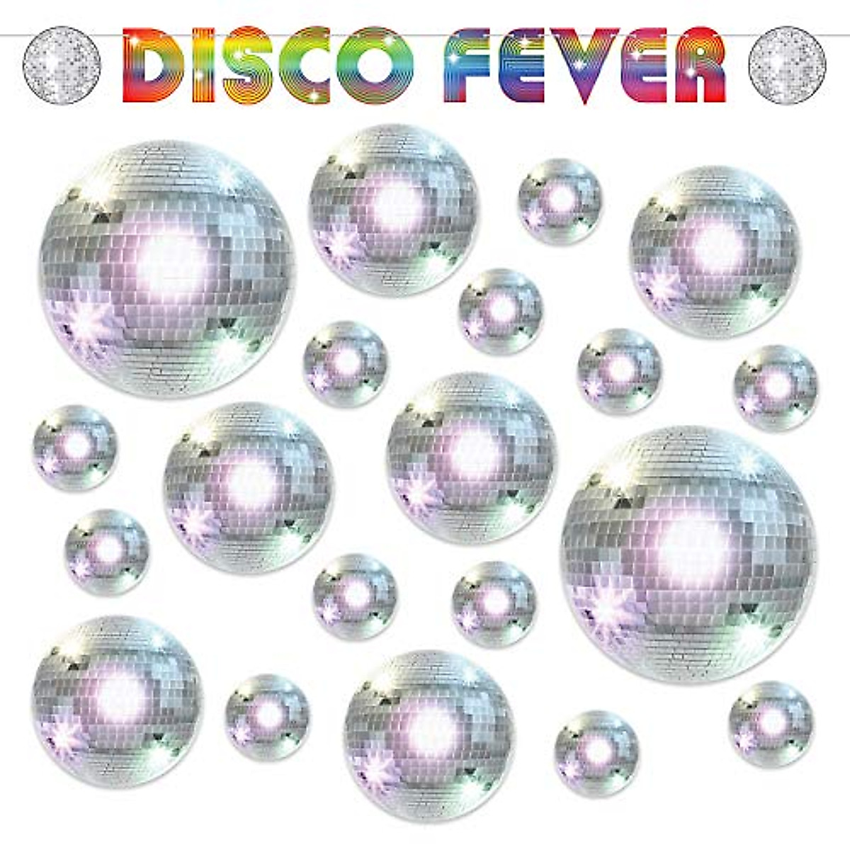 70's Party Disco Fever Hanging Banner Garland and Disco Ball 2-Sided Cutouts Set (21 Pieces Total)