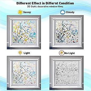 LEMON CLOUD Window Film, Decorative 3D Window Privacy Film and Stained Glass Window Stickers, Rainbow Cling Holographic,No Glue Frosted Anti-UV(3D Half Moon 17.5 x 78.7inches)