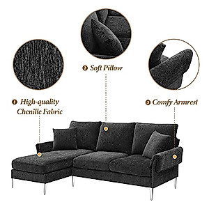 HAUSHECK Convertible Sectional Sofa with Reversible Chaise Lounge, Metal Leg, Two Pillows Included, Mid-Century Modern Chenille Free Combination L-Shaped Couch for Living Room, Apartment, Small Space