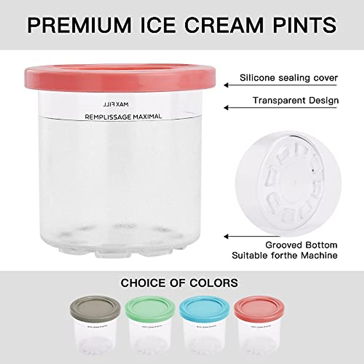 ZYHOONE Ice Cream Pint Containers Replacement for Ninja Creami Pints and Lids,Compatible with NC301 NC300 NC299AMZ Series Ice Cream Maker,with 4 Scoops,Dishwasher Safe Gray/Pink/Green/Blue