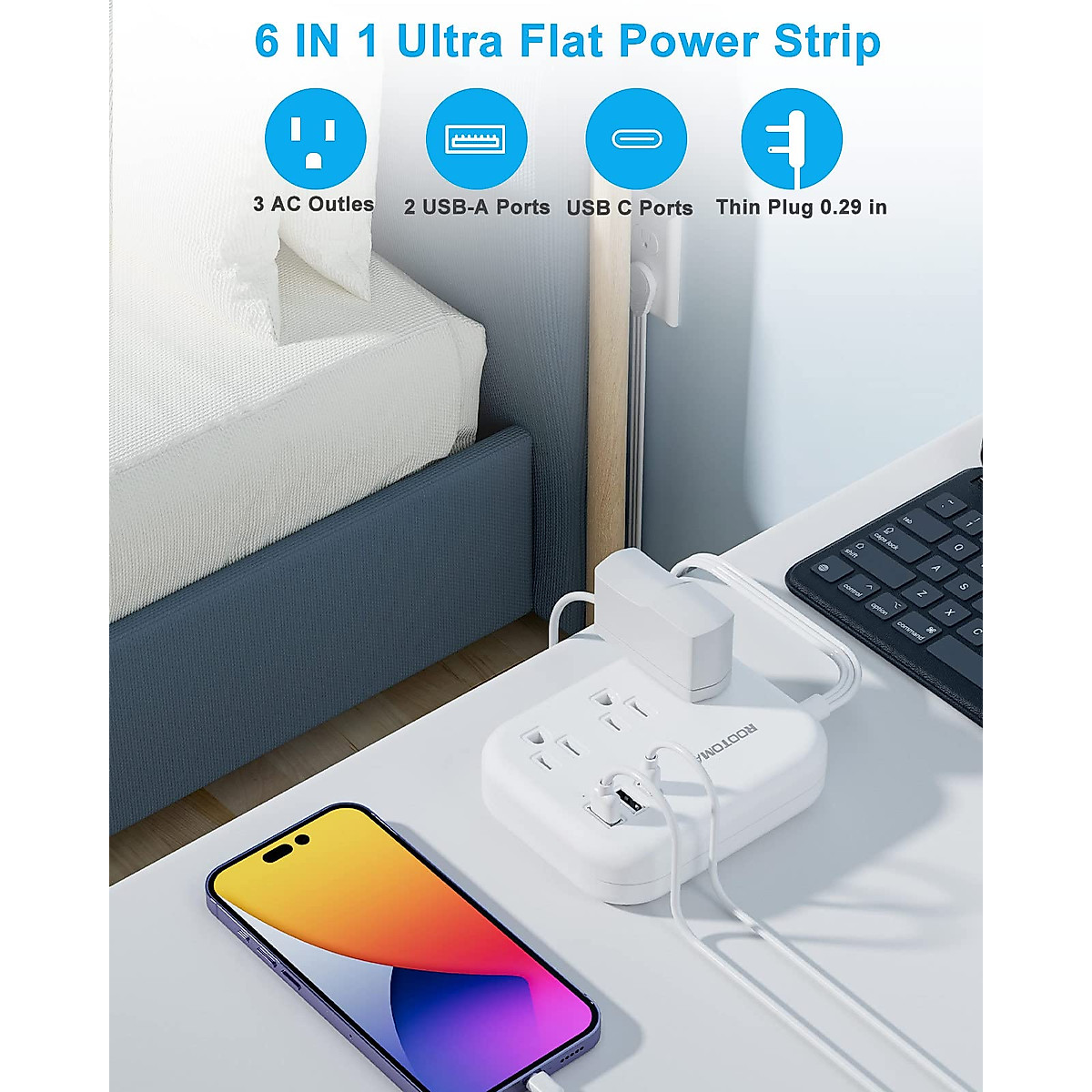 Flat Plug Power Strip - Ultra Thin Flat Extension Cord, 3 USB Wall Charger(1 USB-C) for Cruise Ship Essentials, 5 ft Low Profile Extender, Charging Station Compact for Home,Dorm,Travel Accessories