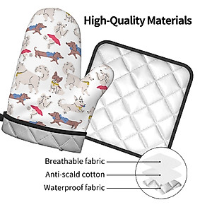 Cute Dog Puppy Oven Mitts and Pot Holders Sets Resistant Hot Pads Potholders Non-Slip Cotton Lining Oven Gloves for Four Seasons Kitchen Baking Cooking Grilling