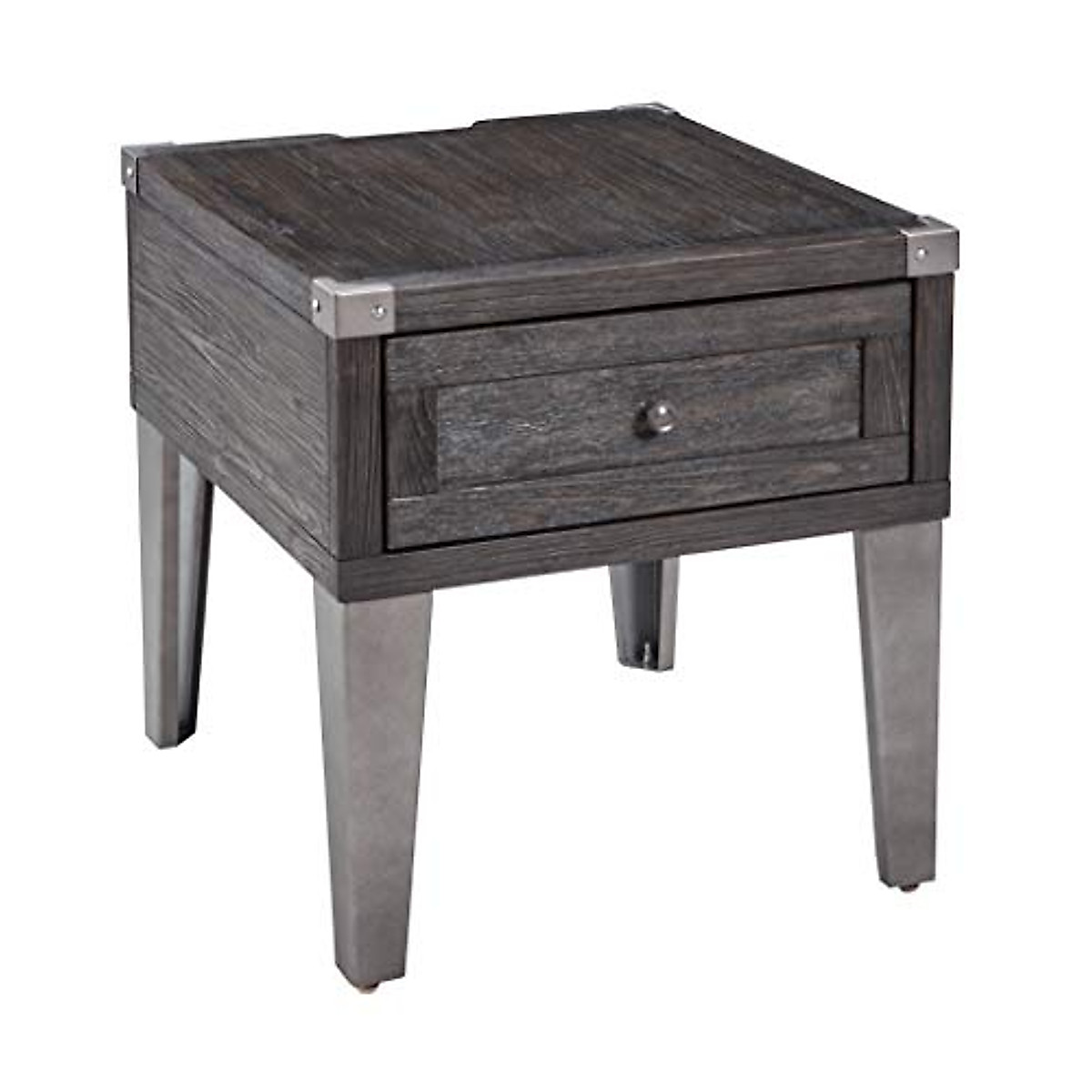 Signature Design by Ashley Todoe Industrial Square End Table with 1 Drawer, 2 Outlets and 2 USB Charging Ports, Dark Gray with Weathered Pine Finish