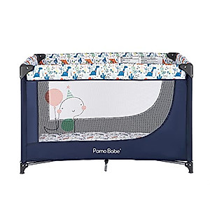 Pamo Babe Portable Crib with Mattress，Foldable Baby Playpen with Carry Bag (Blue)