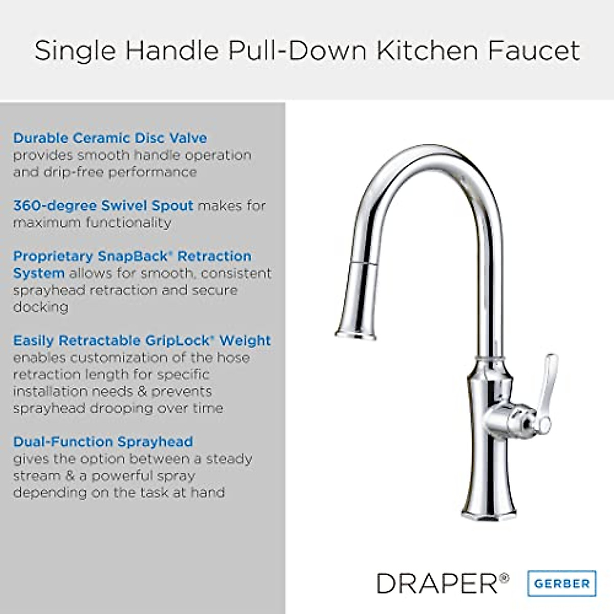 Draper 1H Kitchen Pull Down Kitchen Faucet w/SnapBack and Dockforce 1.75 gpm Stainless Steel