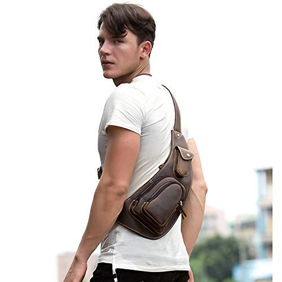 Leathario Men Leather Chest Bag Sling Bag Shoulder Bag Leather Crossbody Bag for Men