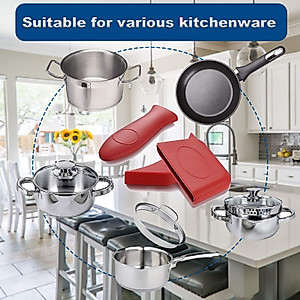 PAPABA 8Pcs/Set Silicone Hot Handle Cover Pot Holders Heat-Resistant Grip Handle Sleeves Lid Covers with Scraper for Frying Pans Cookware Red