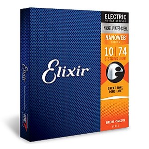 Elixir Strings, Electric Guitar Strings, Nickel Plated Steel with NANOWEB Coating, Longest-Lasting Bright Tone with Comfortable Feel, 8 String Light 10-74