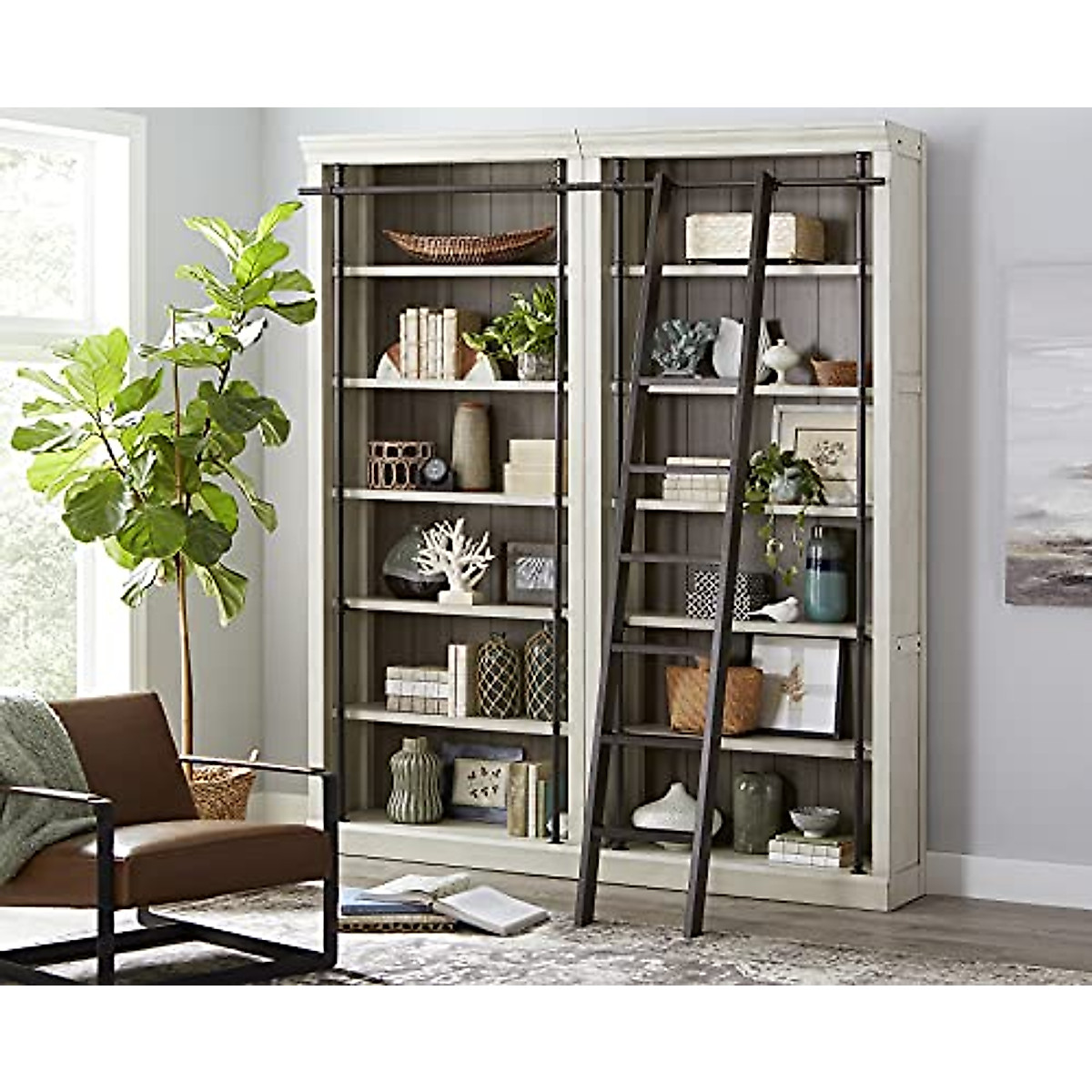 Martin Furniture Fully Assembled 8' Tall Bookcase Wall with Ladder Aged Chateau White (IMTE4094WKIT2PC)