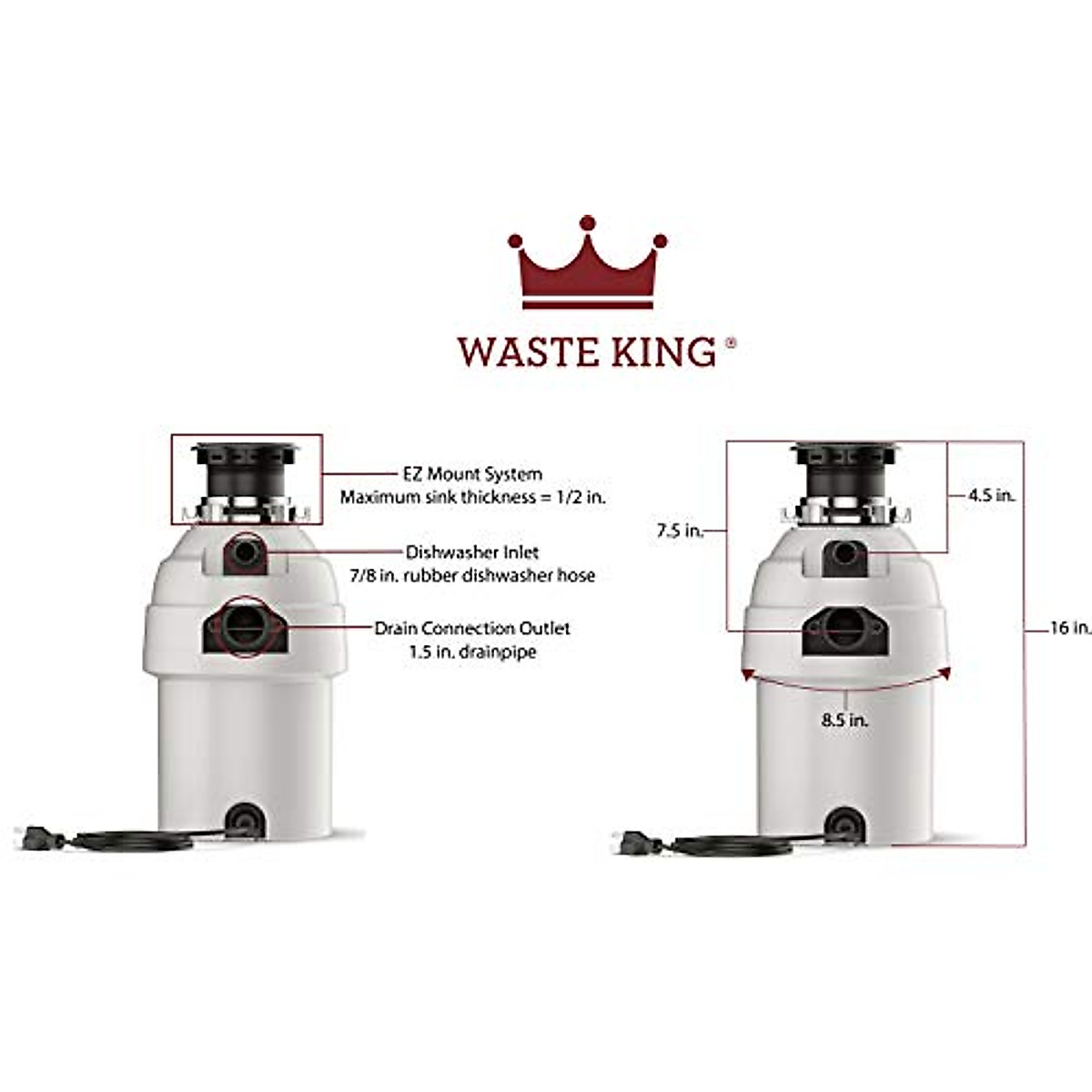 Waste King 1 HP Garbage Disposal with Power Cord, Food Waste Disposer for Kitchen Sink, L-8000