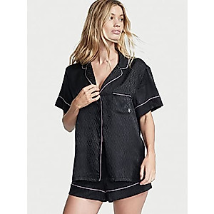 Victoria's Secret Silky Satin Two Piece Short Pajama Set, Satin Fabric, Unlined, Women's Pajamas, Black (XL)
