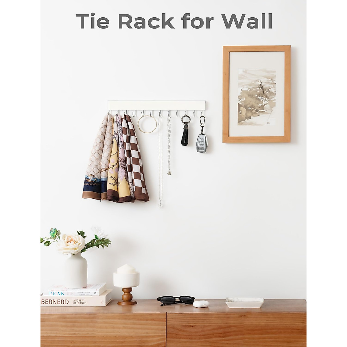 StorageWorks Belt Organizers for Wall, Wooden Belt Holder, Belt Storage with 12 Hooks, Tie Rack Wall Mounted, Belt and Tie Organizer for Closet, White, 2 Pack