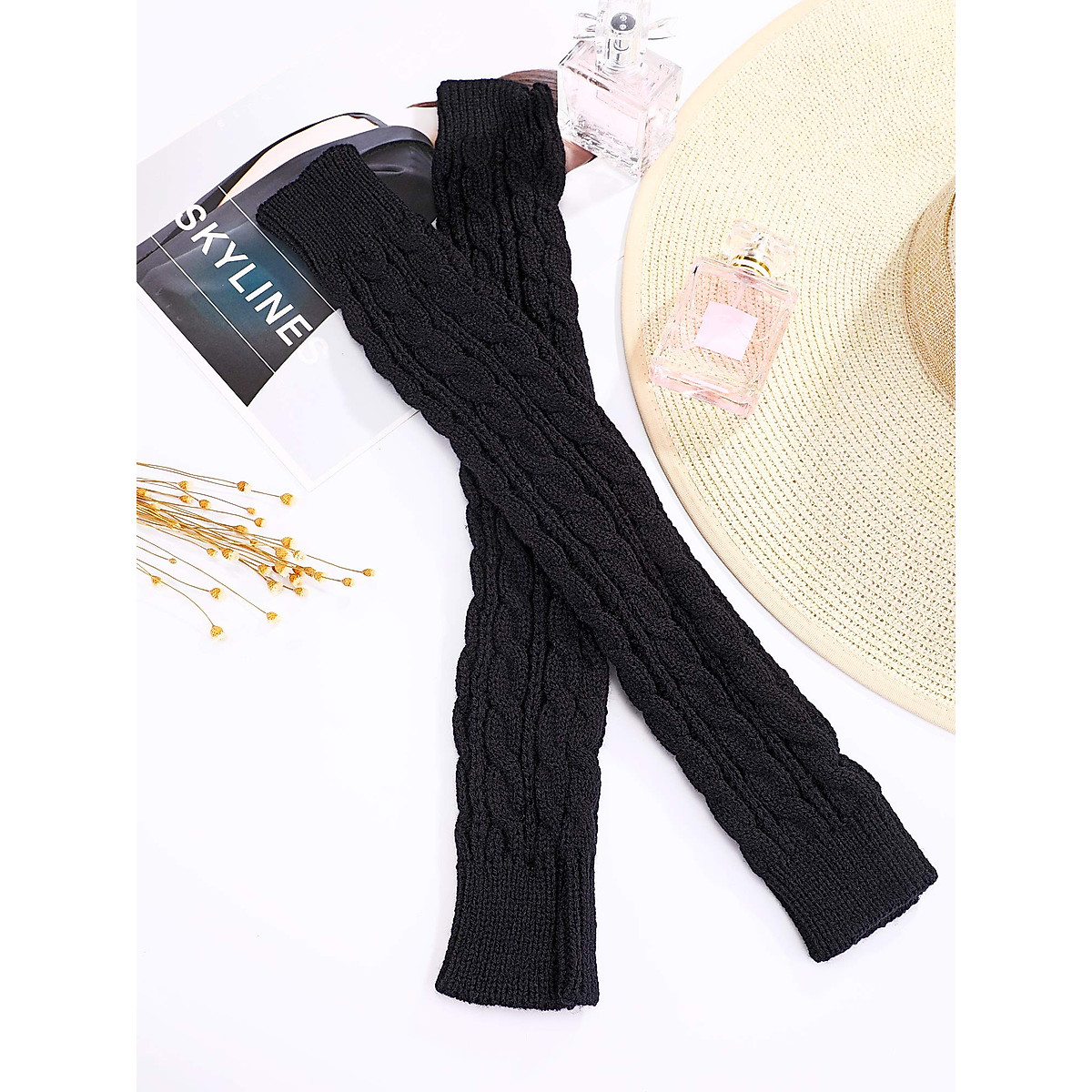 Bememo 3 Pairs Arm Warmers Long Fingerless Gloves Knit Wrist Warmers with Thumb Hole Open Finger Arm Socks for Women Adult(Black, White, Dark Gray)