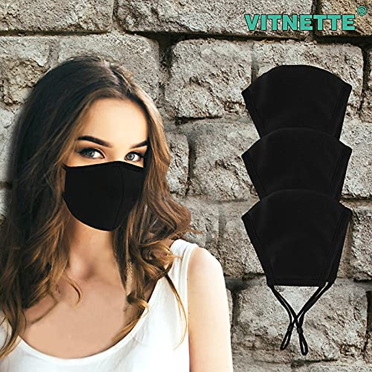 Vitnette 10Pcs Black Face Masks 100% Cotton Face Mask Cloth Masks Reusable Thin Breathable Washable Adjustable with Nose Wire