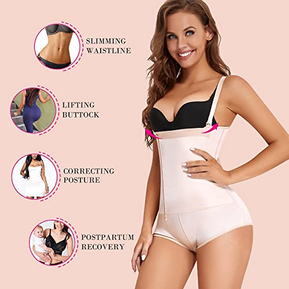 Nebility Bodysuit for Women Slim Waist Trainer with Full Body Zipper Latex Shapewear with Open Bust Corset (Medium,Beige)