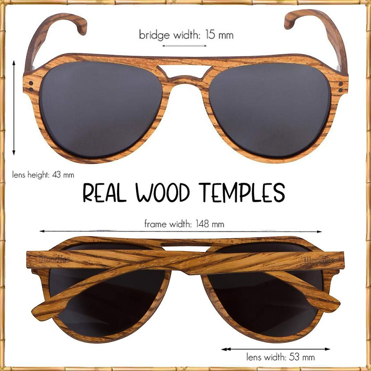 Woodies Polarized Full Zebra Wood Sunglasses for Men and Women | Black Polarized Lenses and Real Wooden Frame | 100% UVA/UVB Ray Protection
