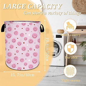Pink Smiley Face Laundry Basket, Boho Laundry Hamper Foldable Waterproof Oxford Cloth Funny Tote Bag Dirty Clothes Storage Bucket Toy Organizer for Bathroom/Laundry/Bedroom 15.7"x19.6"