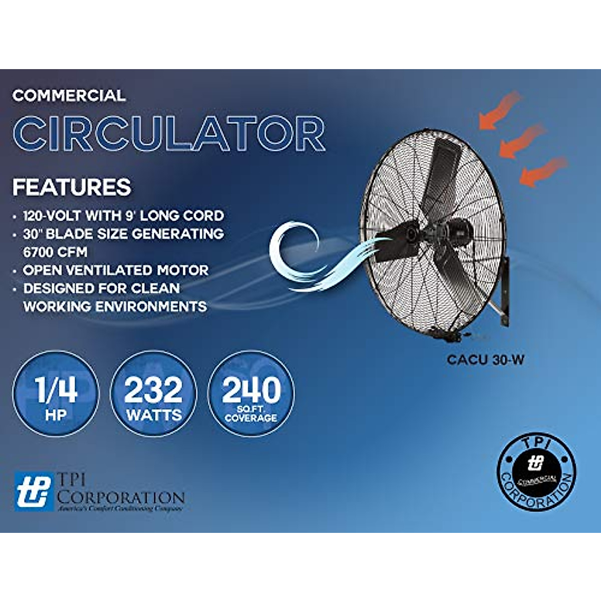TPI Corporation Single Phase Wall Mount Commercial Circulator – 30" Diameter, 120 Volt Exhaust Fan – Ventilation Fans. Commercial Extractor Fans
