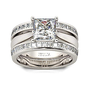 Jeulia 4.37 Carat Engraved Pricess Cut Cubic Zirconia Engagement Ring Diamond Wedding Bands for Women CZ Solitaire Sterling Silver Anniversary Bridal Promise Rings Set (8)