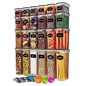 24 Pack Airtight Food Storage Container Set - BPA Free Clear Plastic Kitchen and Pantry Organization Canisters with Durable Lids for Cereal, Dry Food Flour & Sugar - Labels, Marker & Spoon Set