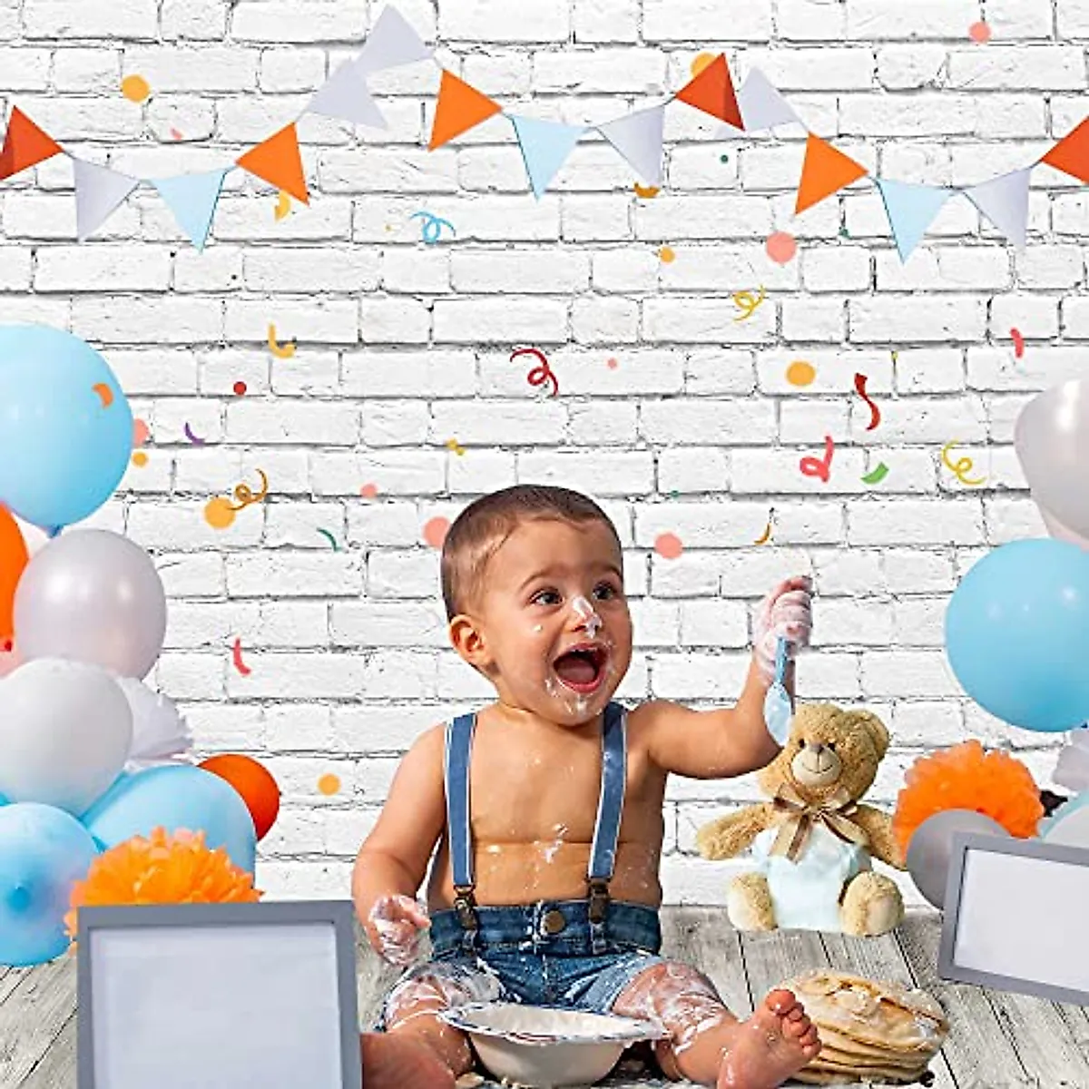 GiuMsi Polyester 5x7.7FT White Brick Wall with Wooden Floor Photography Backdrop with 3 Hooks for Baby Shower Newborn Portrait Photo Background Shoot Props