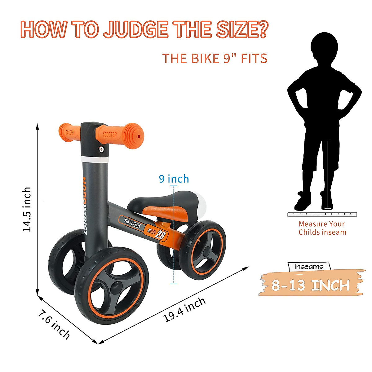 Baby Balance Bike, Built-in Compass Toddler Bikes 18-36 Months Toys for 1 Year Old Gift Bike, Train Baby from Standing to Running, Baby Bike with 4 Silent Wheels, First Birthday Gifts(Orange)