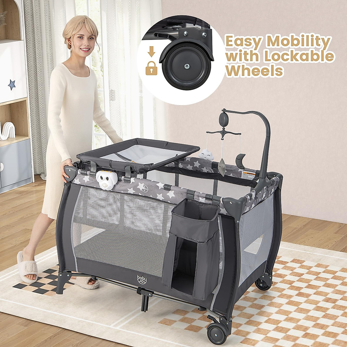 Costzon 3 in 1 Pack and Play with Bassinet, Portable Baby Playard with Changing Table, Bassinet, Music Box, Whirling Toys, Wheels/Brake, Large Basket, Bag, Foldable Travel Crib for Indoor Outdoor