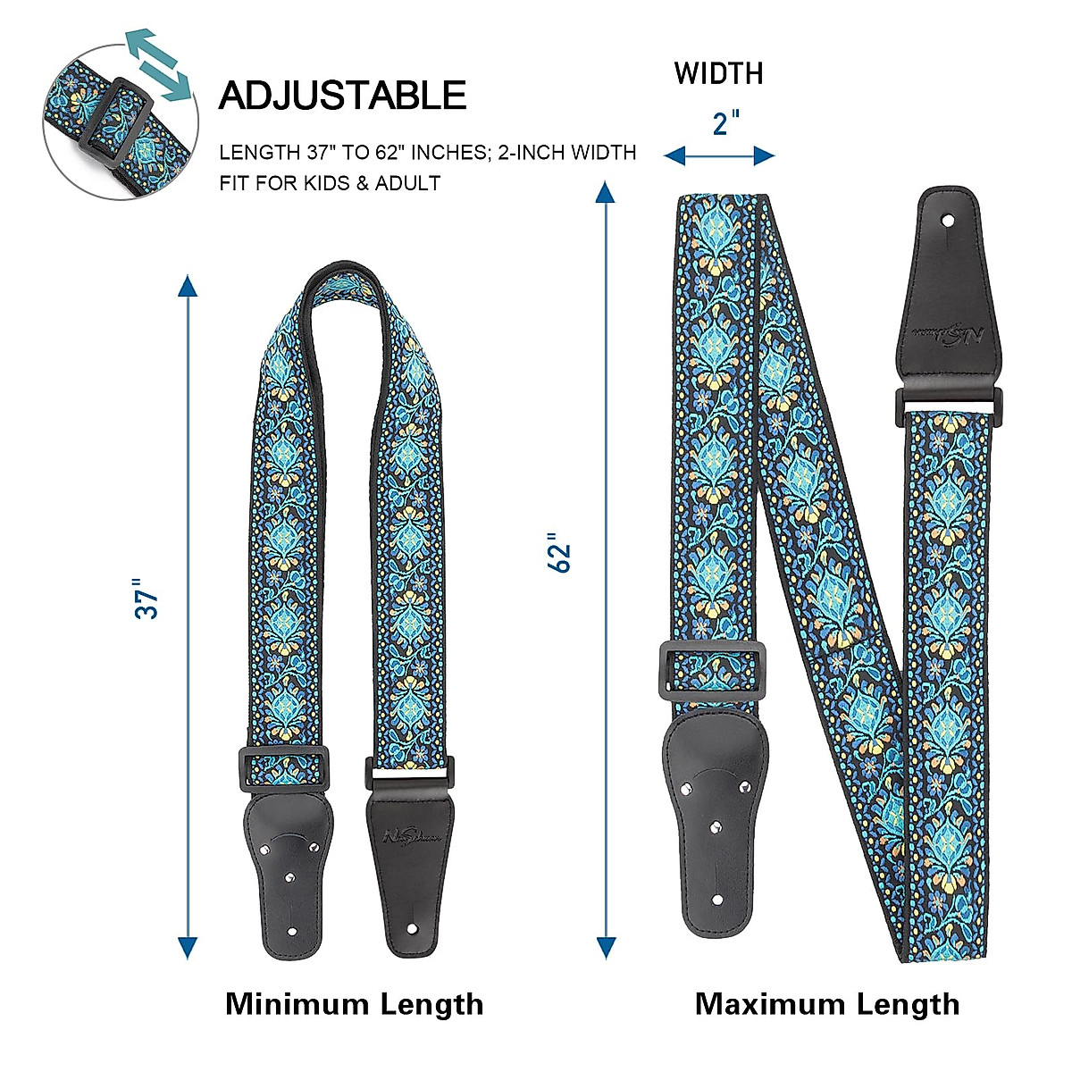 NeuSchwan Adjustable Electric Guitar Strap/Acoustic Guitar Strap/Bass Strap-Cotton Jacquard Embroidered Genuine leather Ends Guitar Straps with 1 Pick Holder, Free Bonus 2 Silicone Strap Locks, Blue