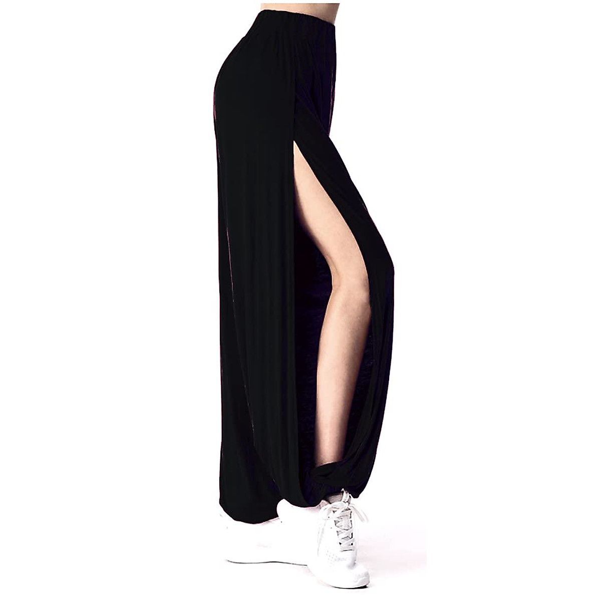 ARJOSA Women's Side Slit Harem Yoga Pants Split Wide Leg Lounge Beach Pants Pajama Bottoms (Medium, Black)